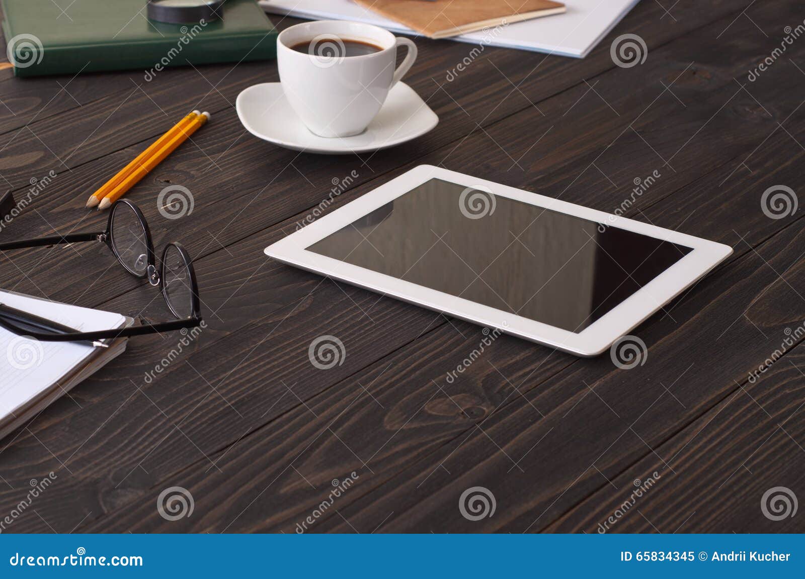 White Tablet Computer on a Wooden Office Desk Stock Image - Image of ...