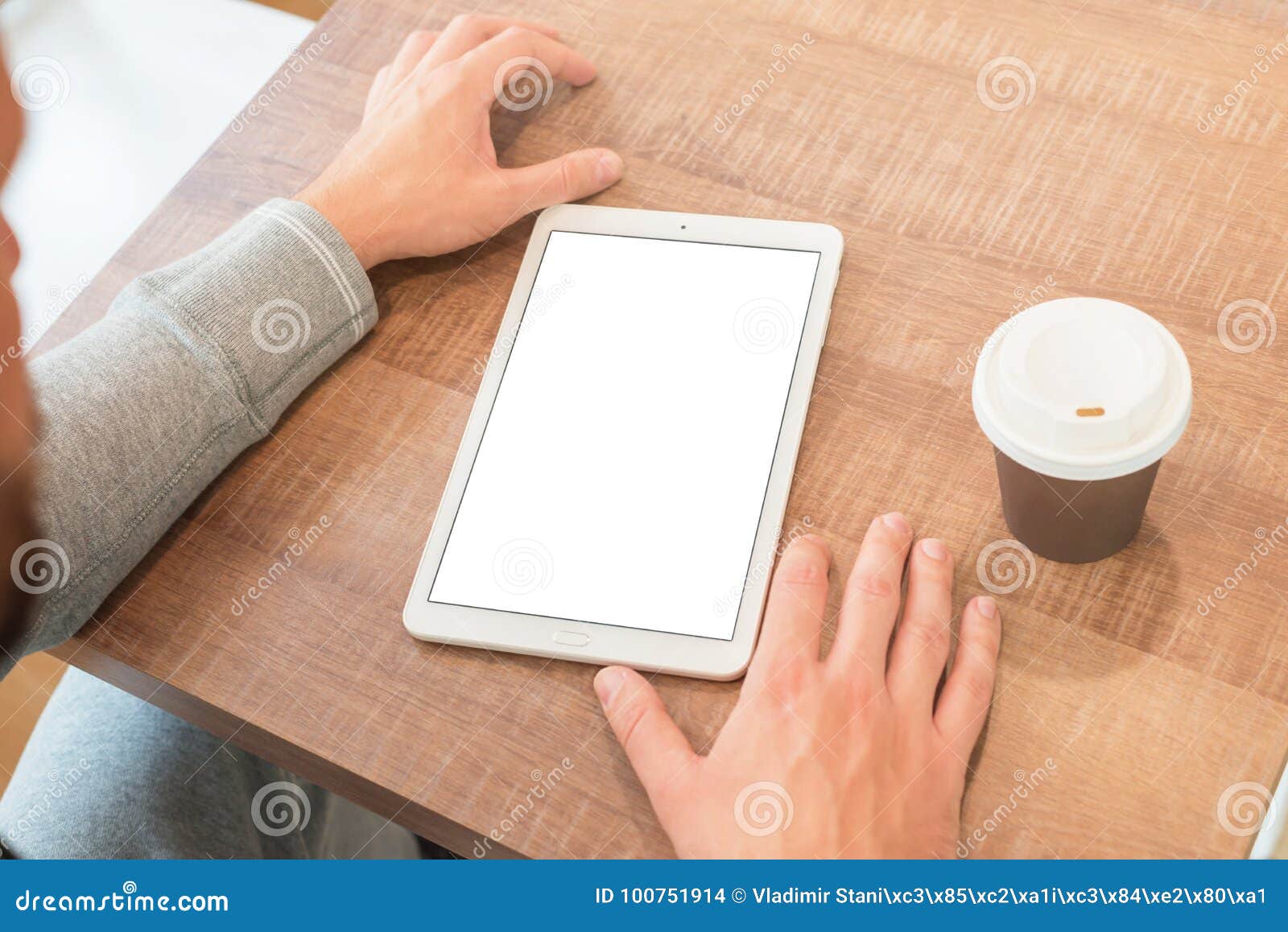 White Tablet on Desk with Screen for Mockup Stock Photo - Image of ...