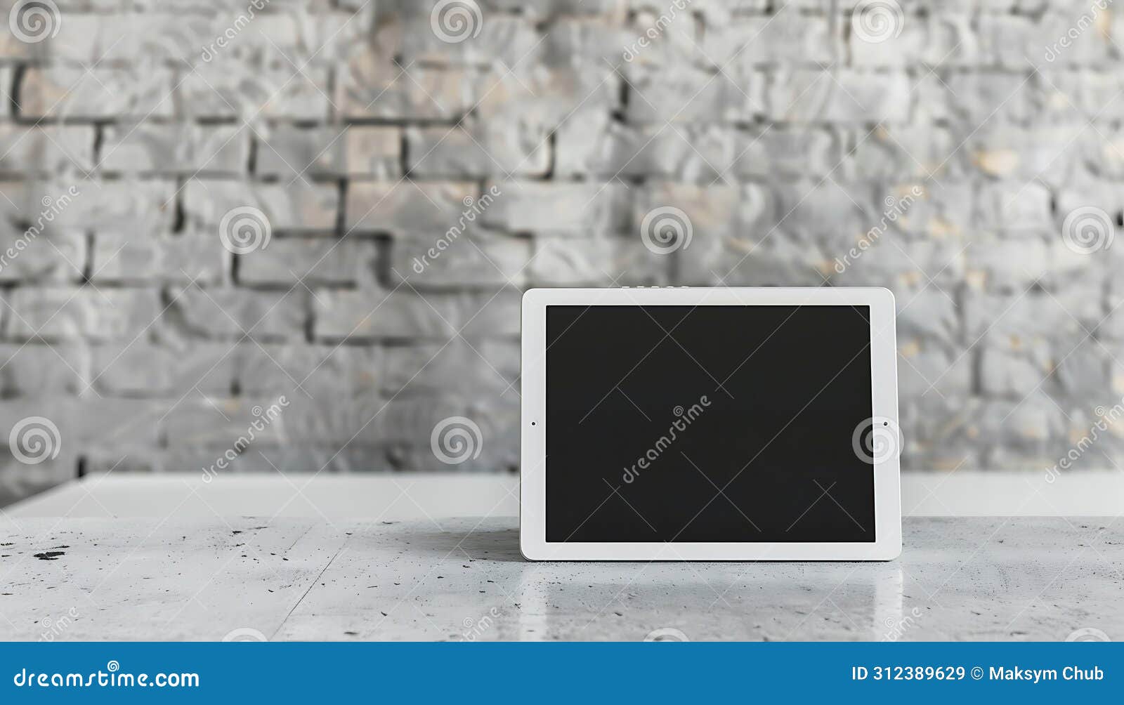 White Tablet on Modern Whitewashed Brick Wall Background with Copy ...