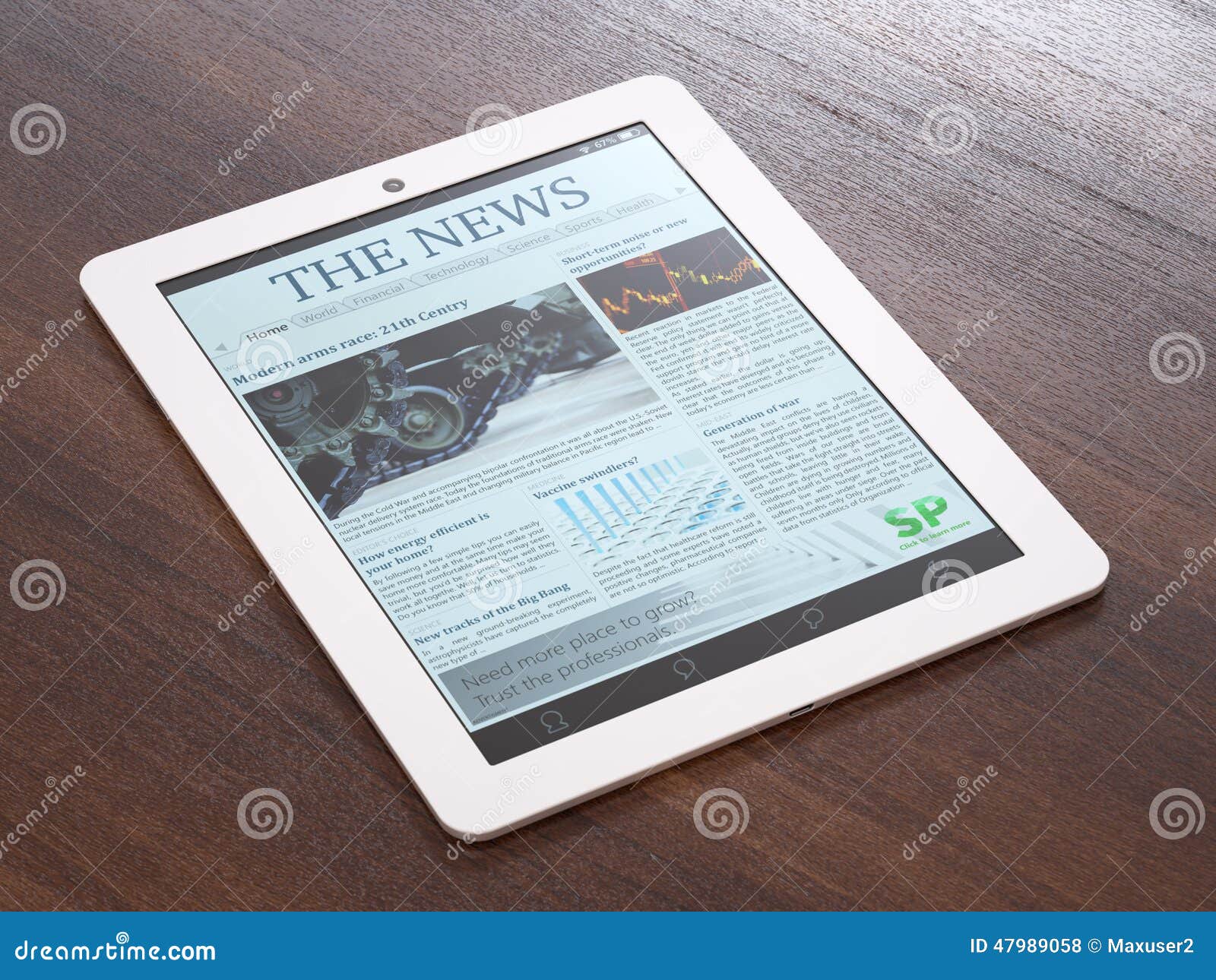 White Tablet PC with Newspaper App Stock Photo - Image of interior ...