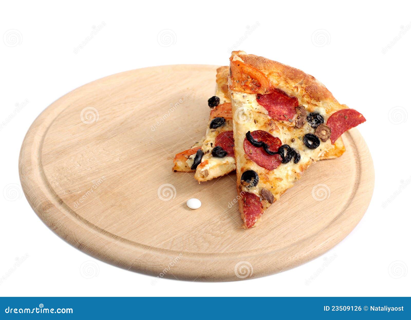 White Tablets and Pizza on a Wooden Splate Stock Photo - Image of green ...