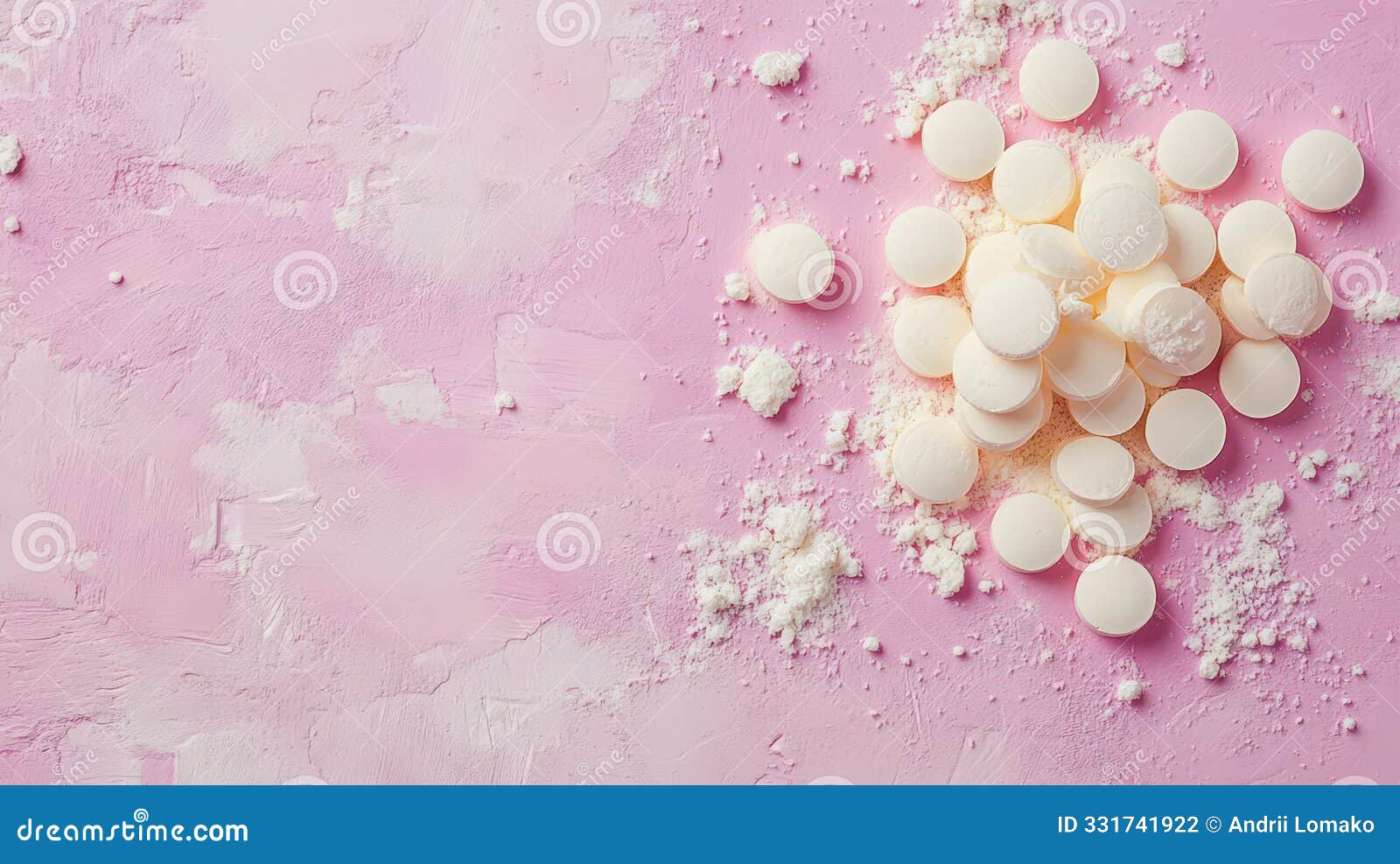 White Tablets and Powder Scattered on a Pink Background Stock Photo ...