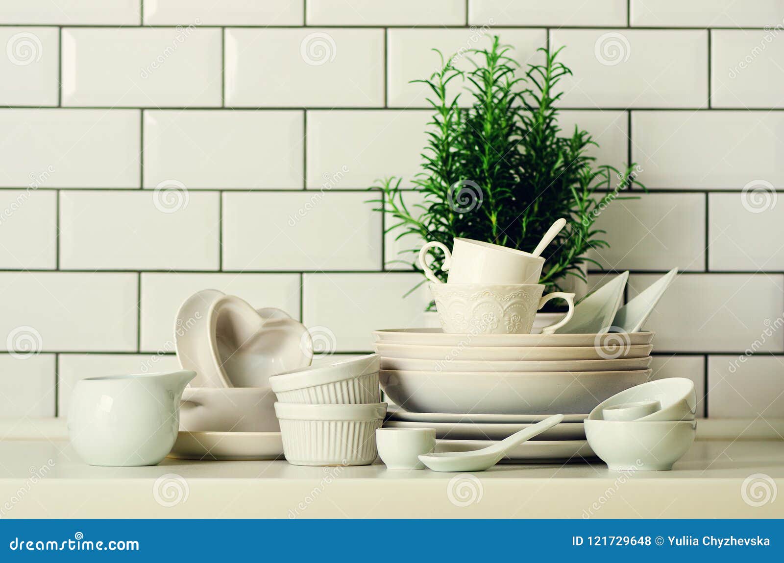 White Tableware for Serving. Dishes, Cups, Spoons, Utensils and Other ...