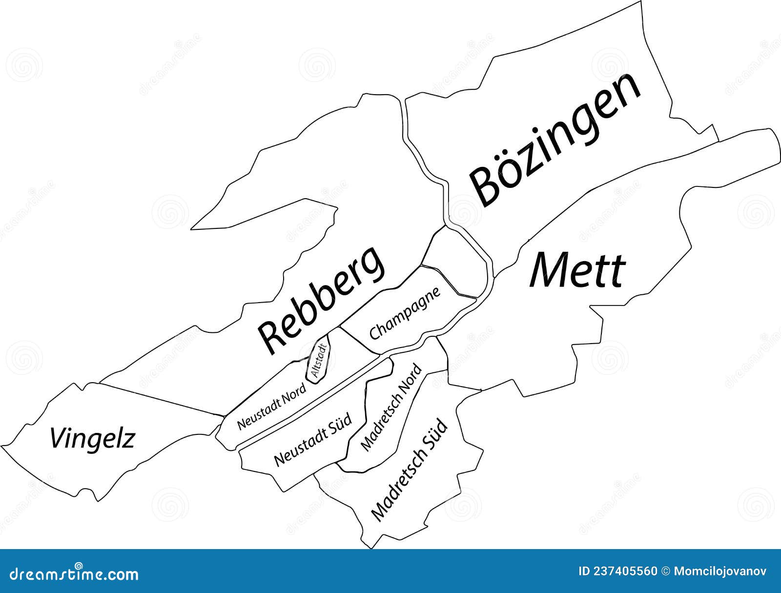 White Tagged Districts Map of Biel-Bienne, Switzerland Stock ...
