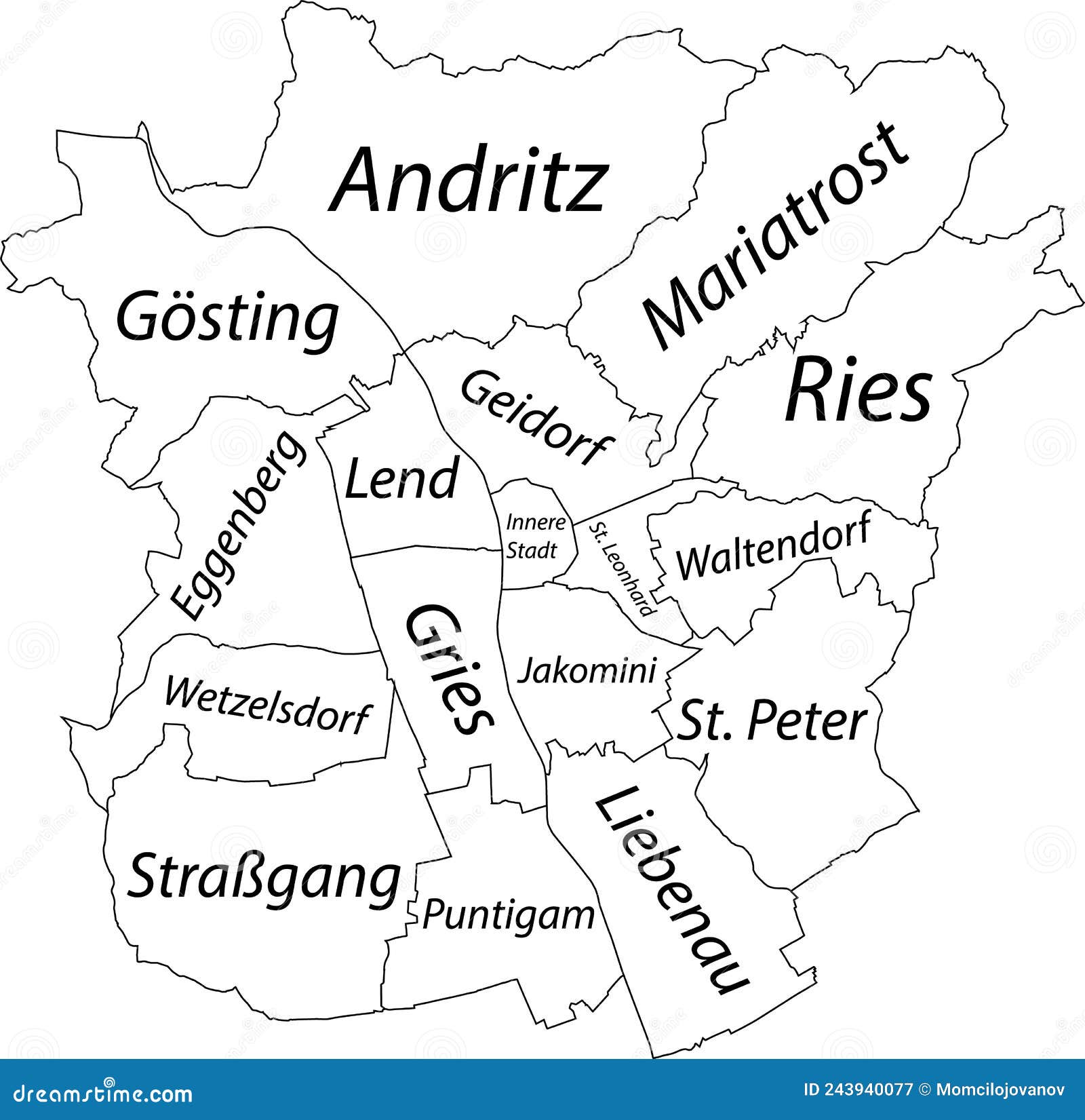 White Tagged Districts Map of GRAZ, AUSTRIA Stock Vector - Illustration ...