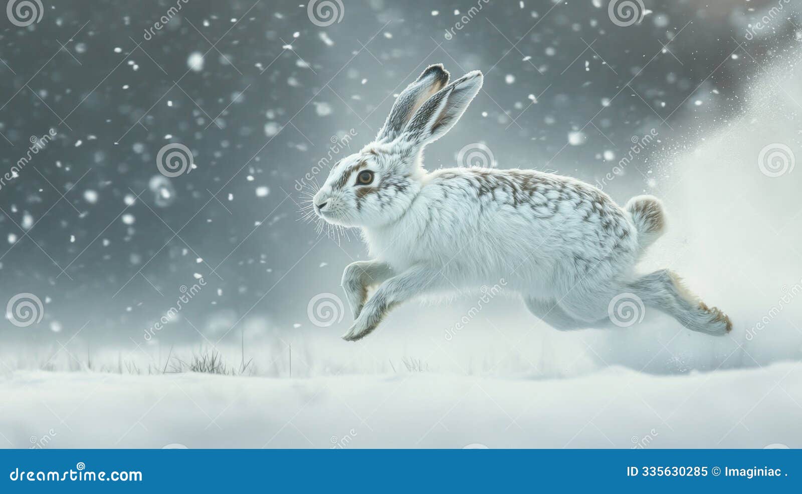 White-Tailed Hare Leaping through Falling Snow Stock Illustration ...
