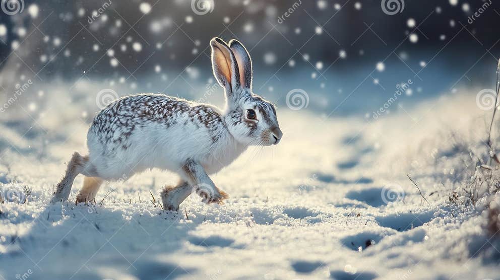 White-tailed Jackrabbit Running through Snowy Field Stock Illustration ...
