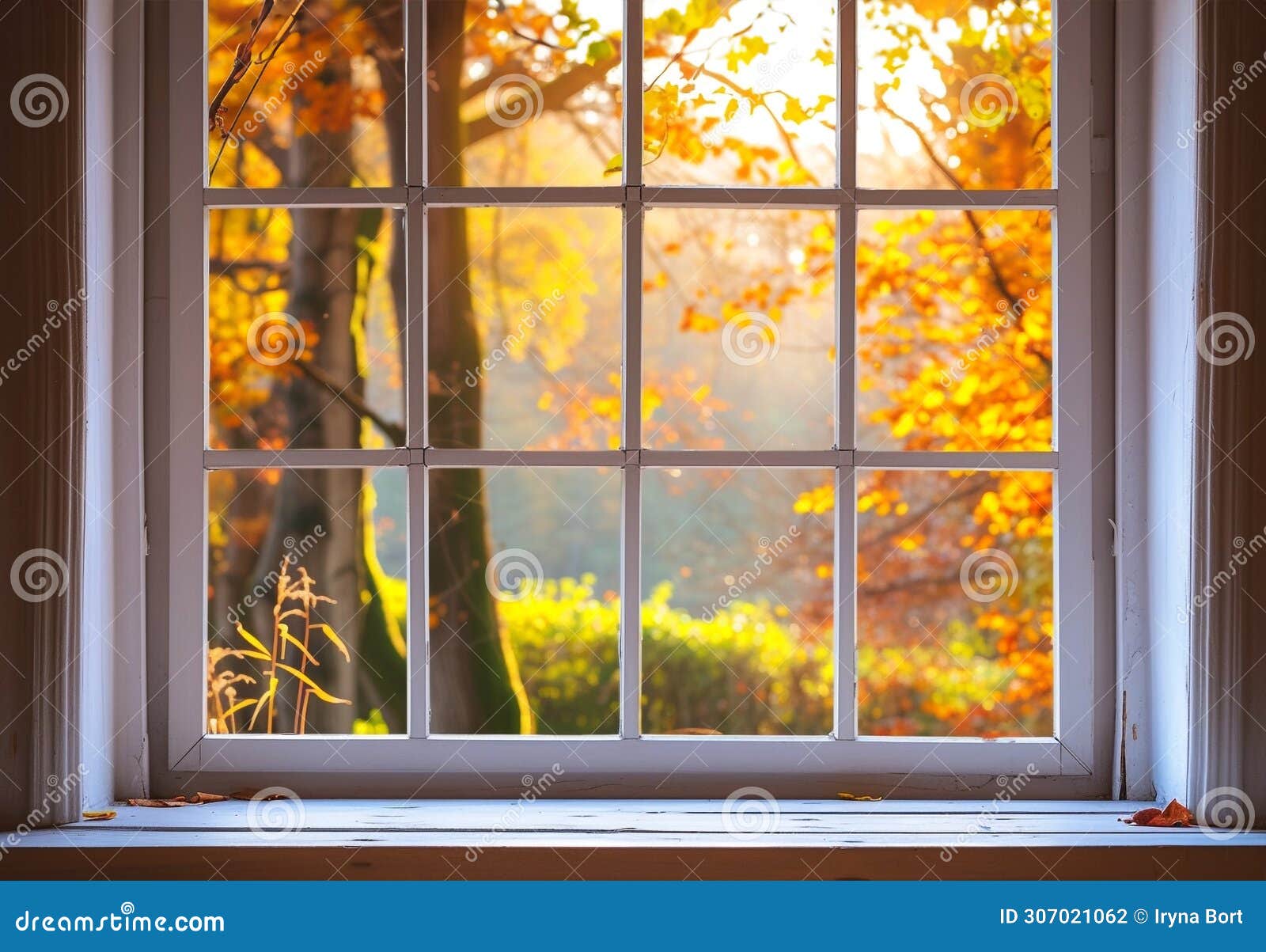 White Tall Window Sill with Autumn Garden on Background Stock Photo ...