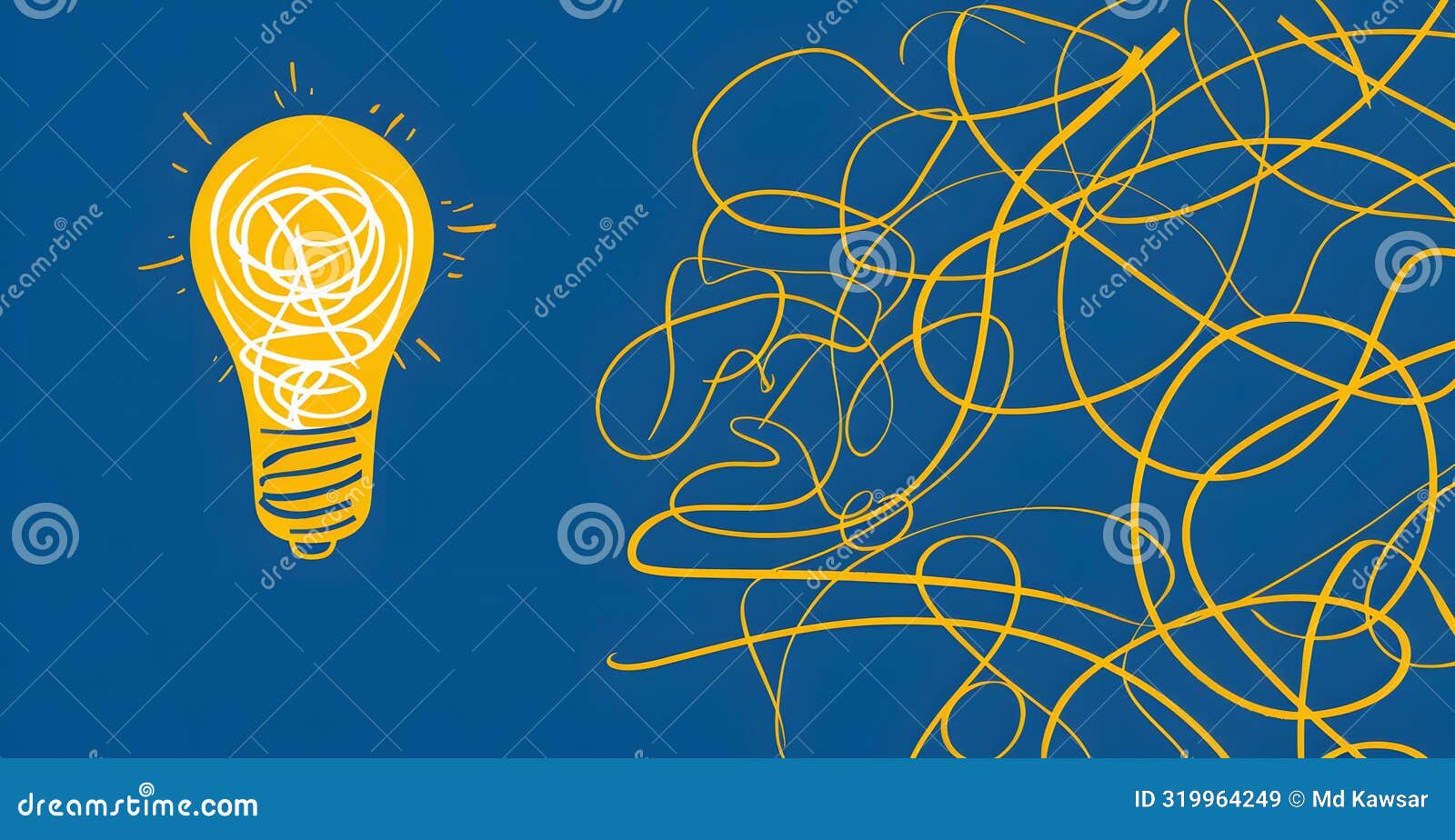 Yellow Light Bulb with Tangled Lines on Blue Background Stock ...