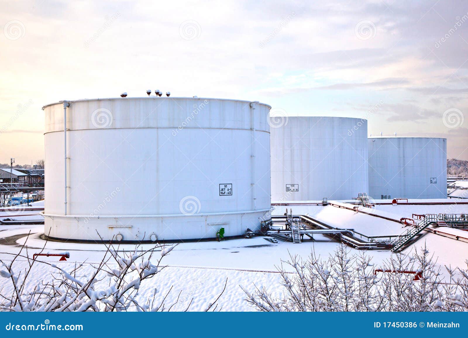 White Tanks in Tank Farm with Snow in Winter Stock Photo - Image of ...