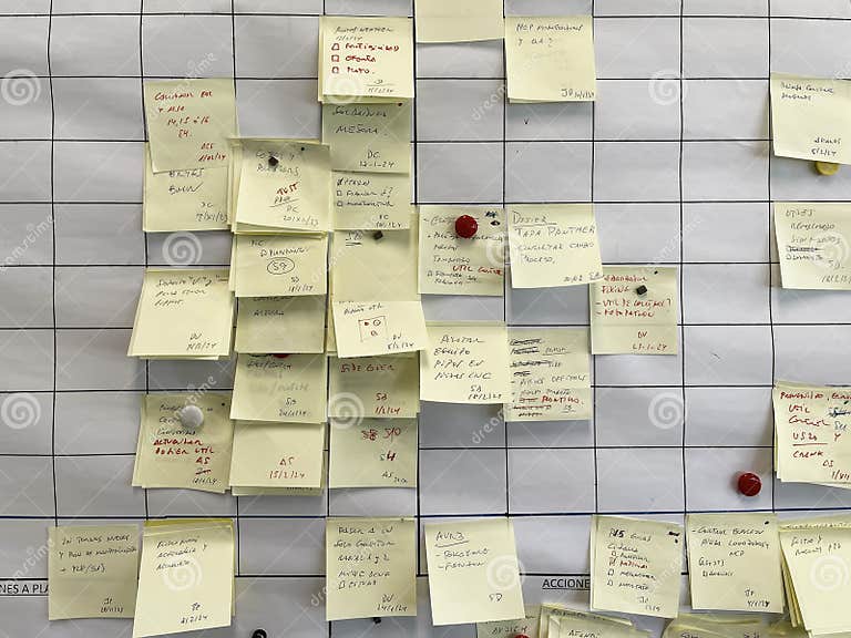 A White Task Tracking Board, with Lots of Paper Sticky Notes with ...