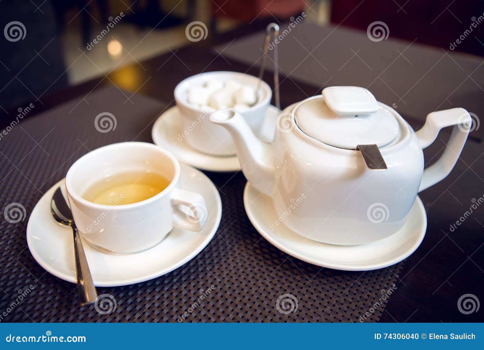 White Teapot with Tea Cup, Saucer and Teaspoon Stock Photo - Image of ...