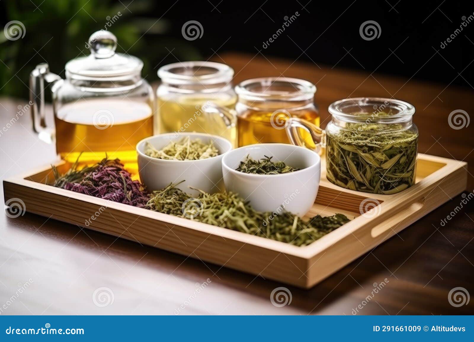 A White Teapot with a Variety of Herbal Teas on a Tray Stock Image ...