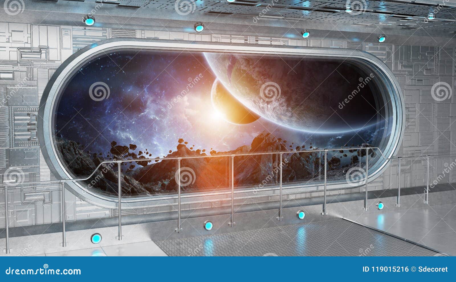 White Tech Spaceship Round Window Interior Background 3D Rendering ...
