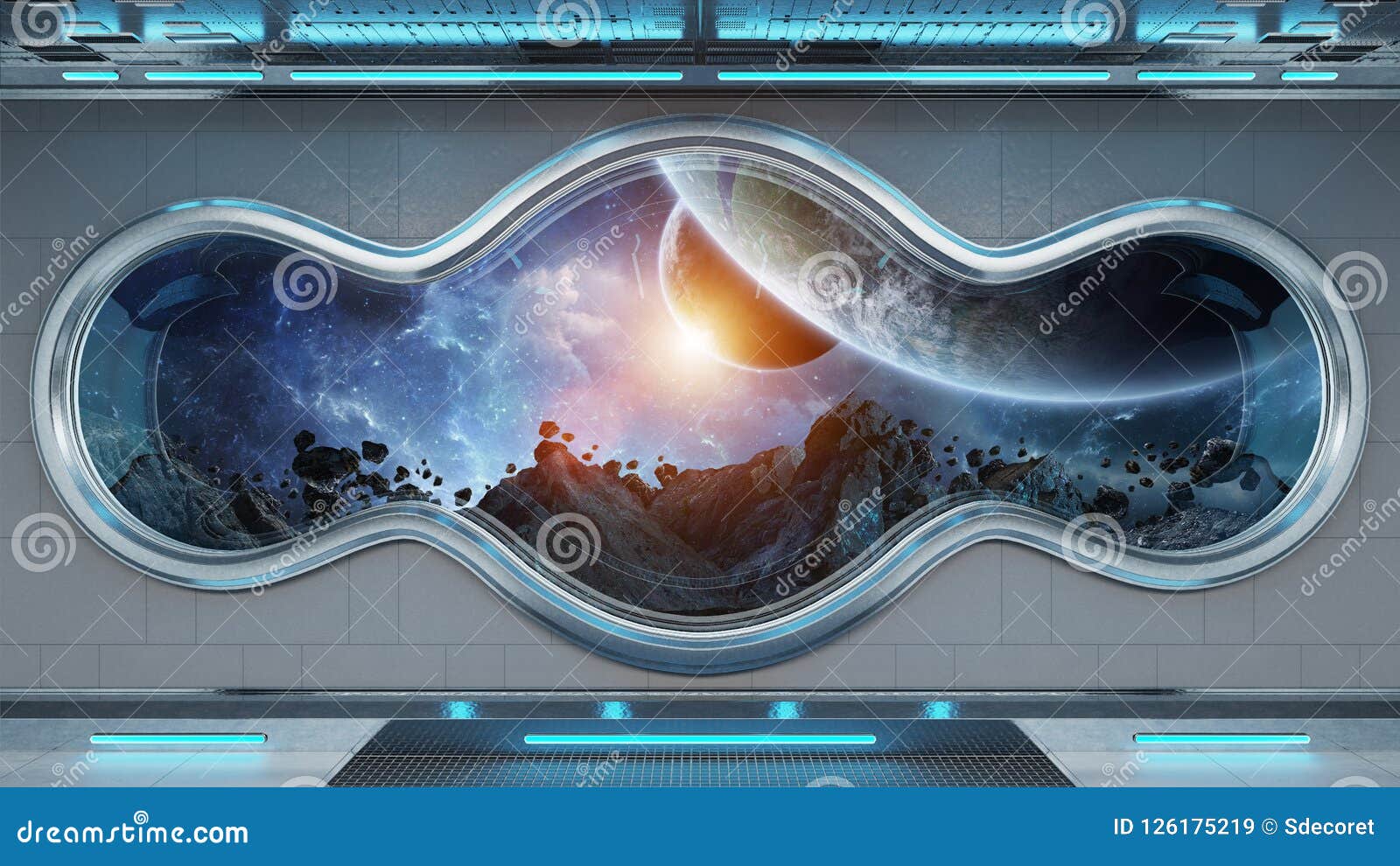 White Tech Spaceship Round Window Interior Background 3D Rendering ...