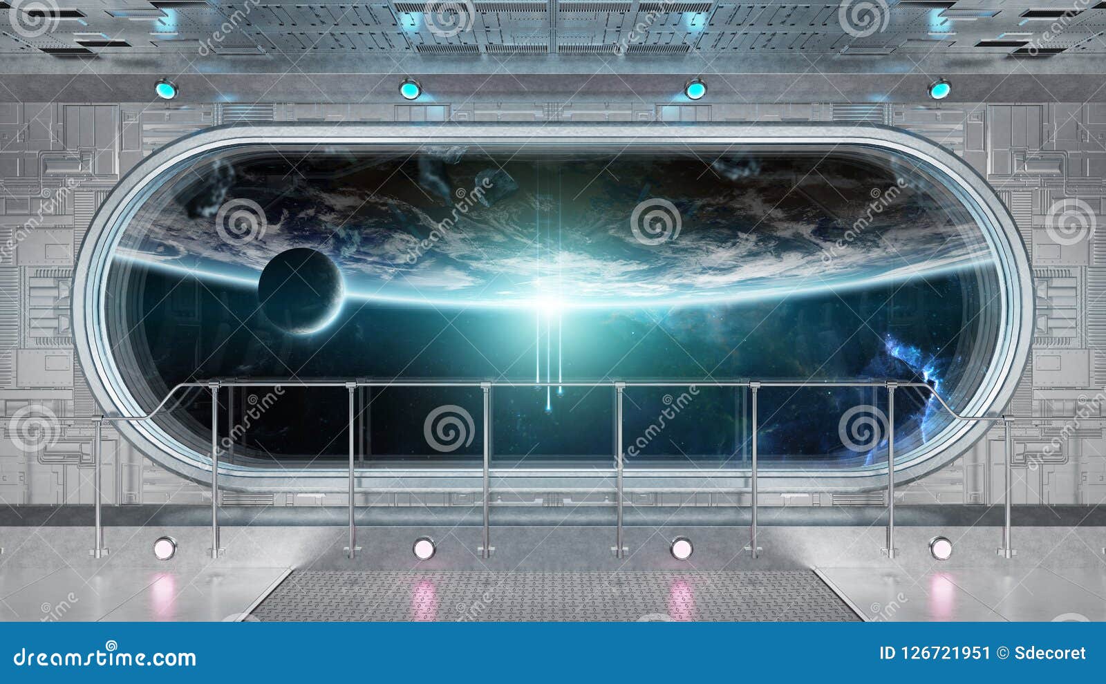 White Tech Spaceship Round Window Interior Background 3D Rendering ...