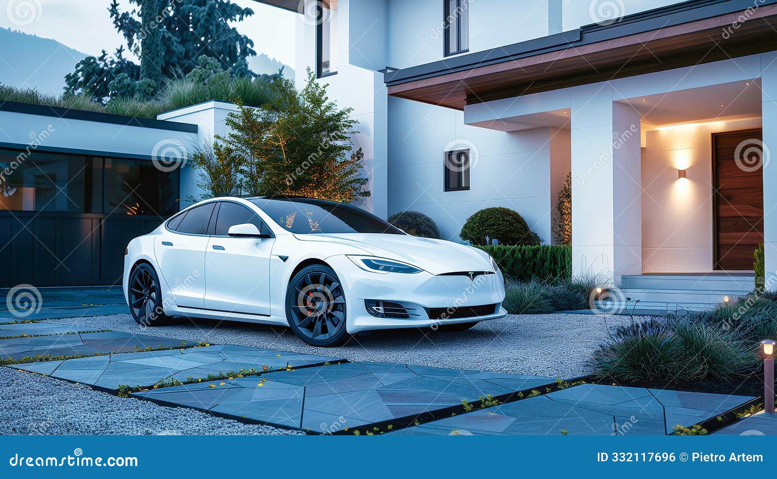 White Tesla Model Y Parked in Front of Modern Home Stock Photo - Image ...