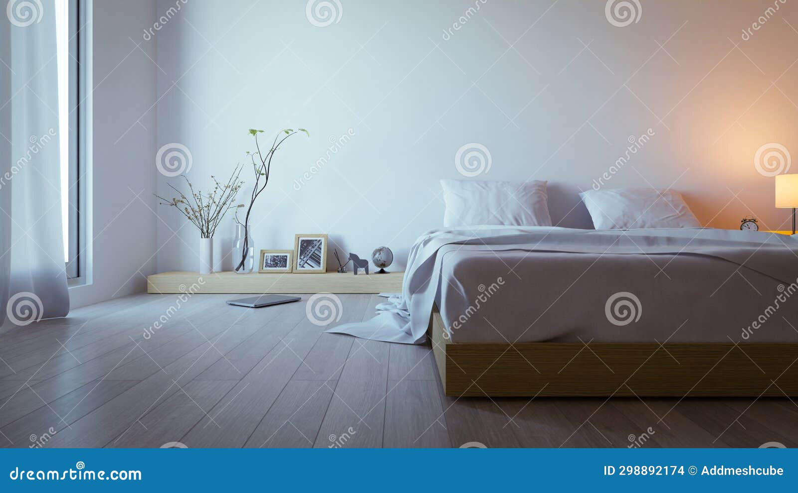 A White Themed Minimal Bedroom Interior with a Low-rise Bed, 3d ...