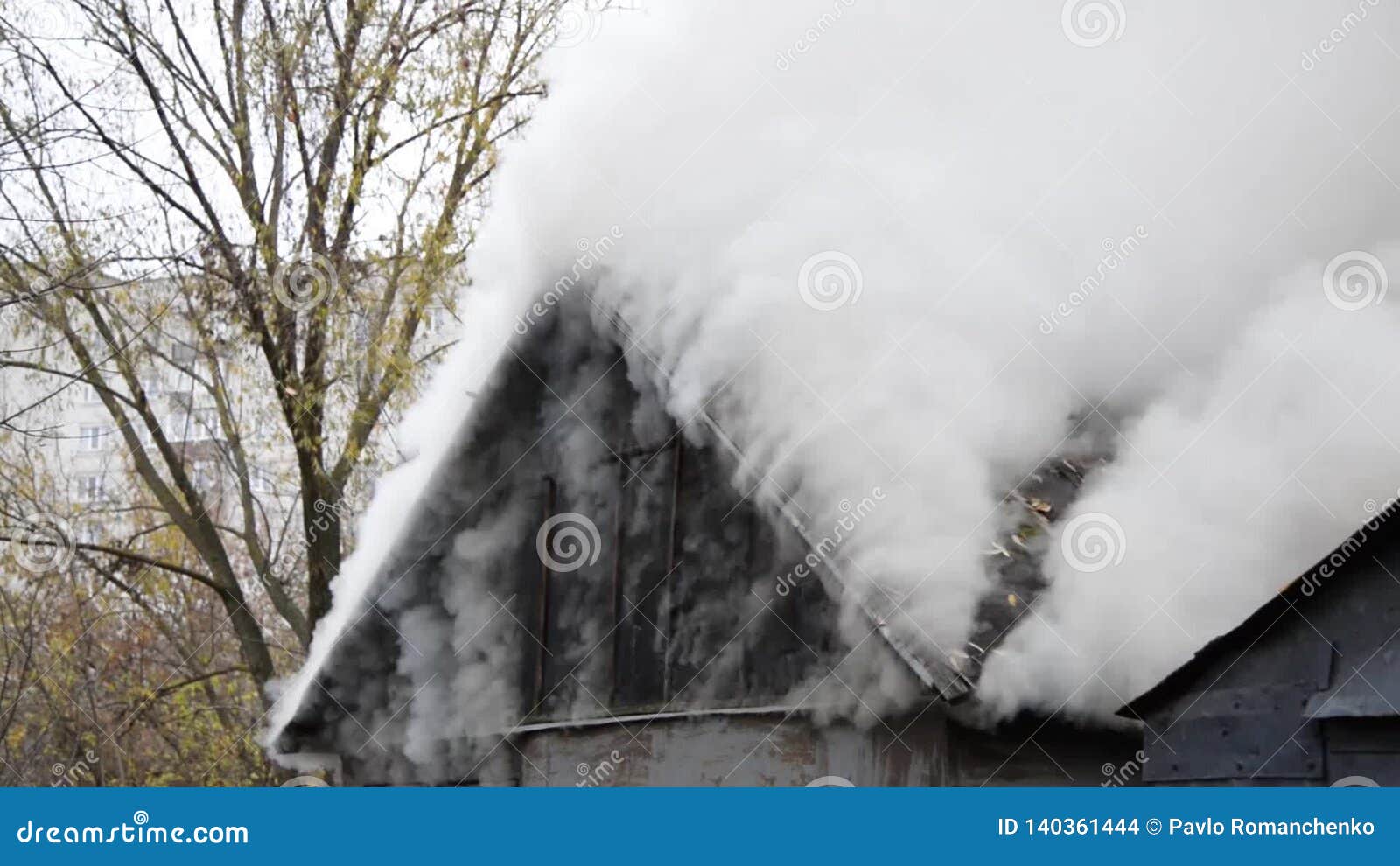 White Smoke Comes from the Burning Roof of the House Stock Footage ...