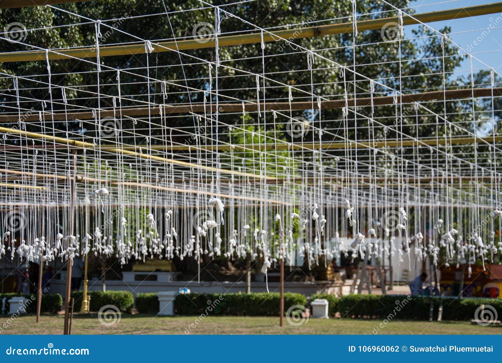 White Thread in the Temple. Ritual in Buddhism Stock Photo - Image of ...