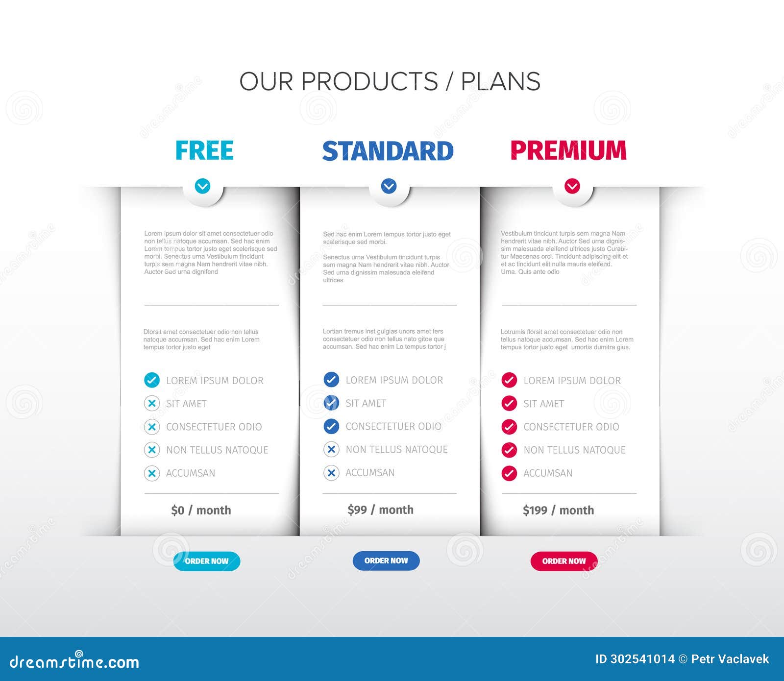 White Three Products Cards Features Schema Template with Order Buttons ...