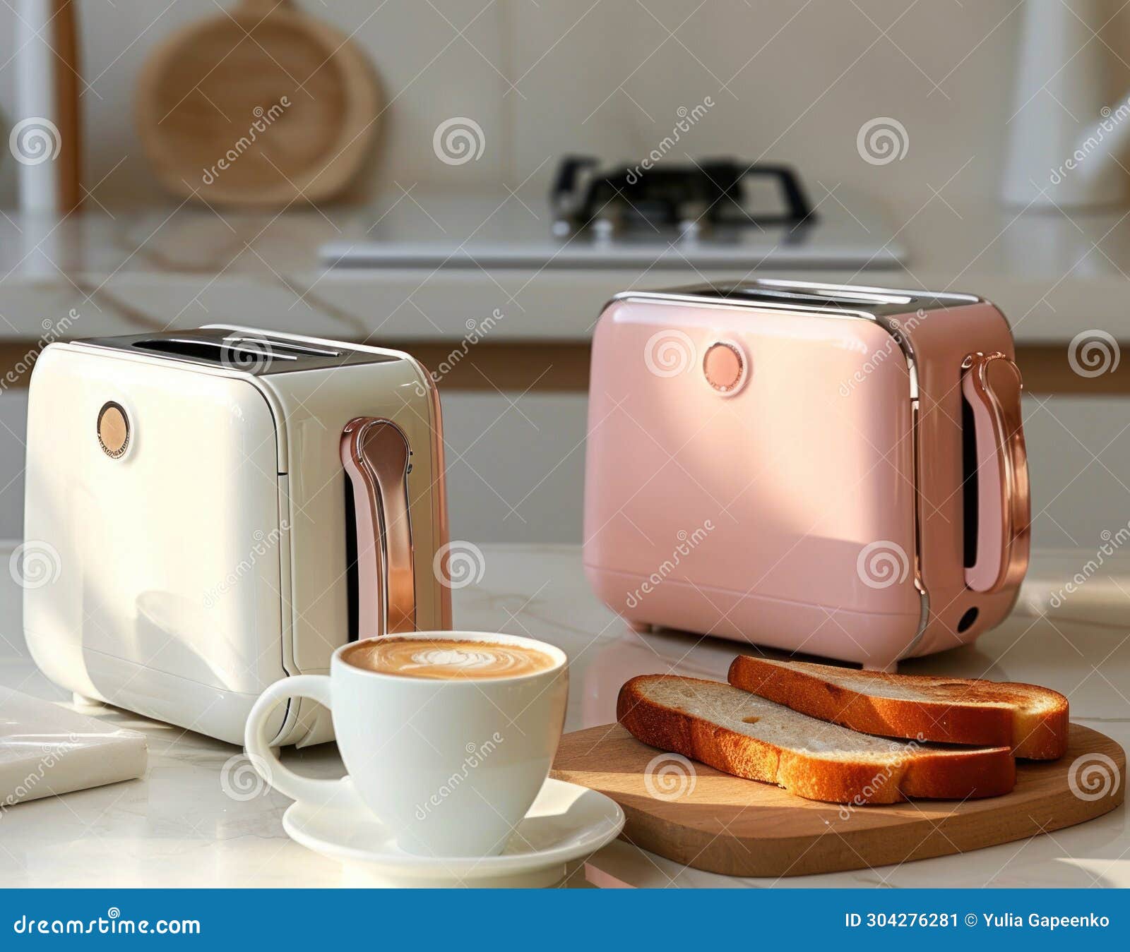 A White Three Slice Multi Toast Toaster and Coffee and Slices of Bread ...