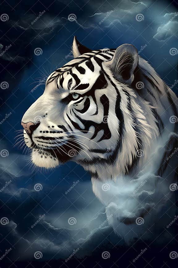 White Tiger in a Dark Sky with Clouds. 3D Illustration Stock ...