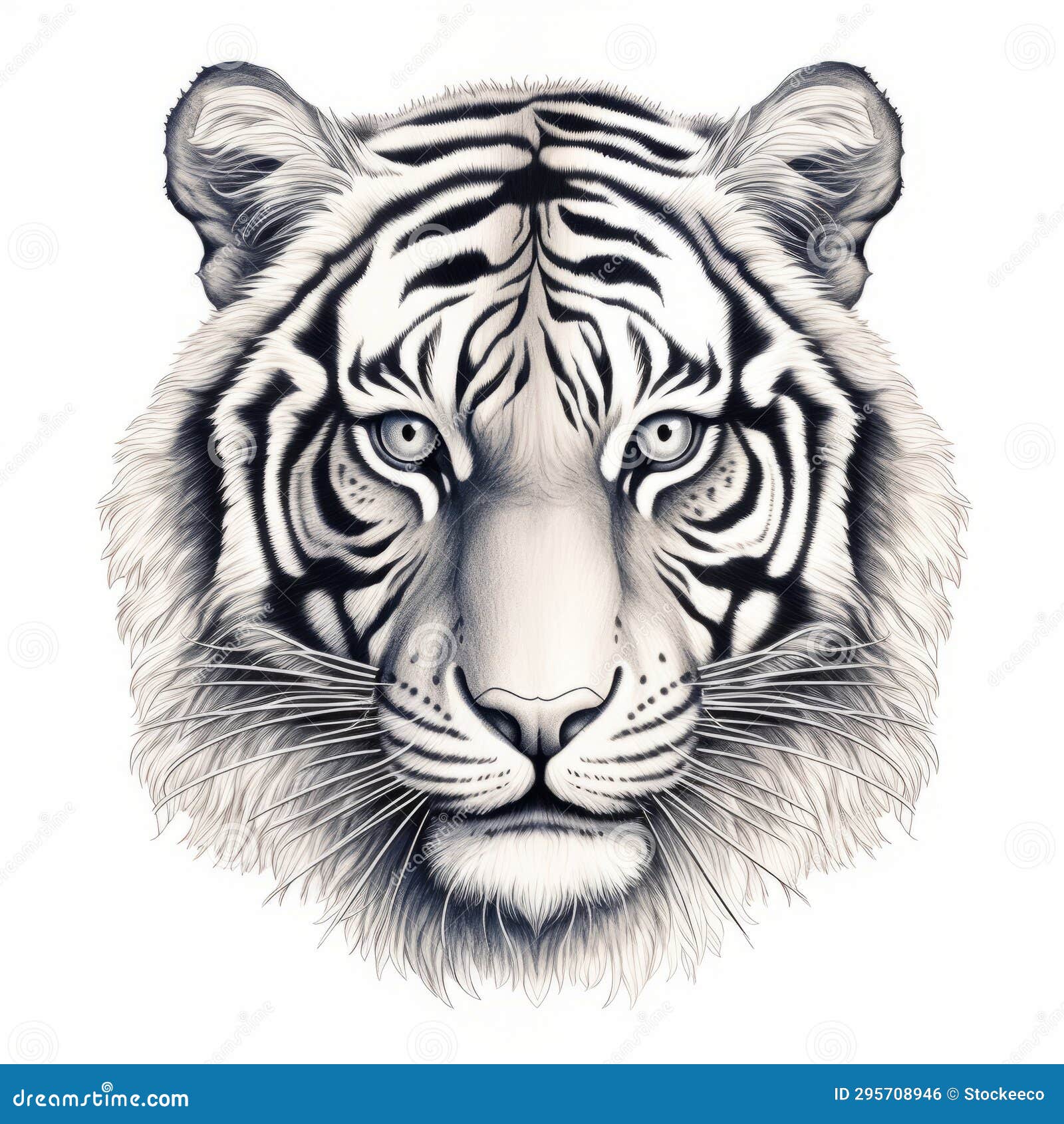 Detailed Ink Illustration of a White Tiger Face on White Background ...