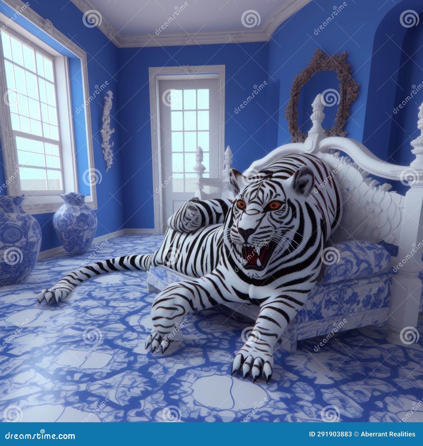 A White Tiger Laying on a Bed in a Room Stock Illustration ...