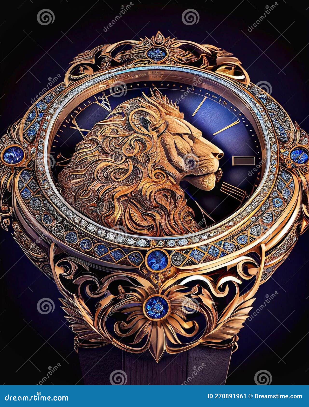 A Head Lion with a Clock Gold Stock Illustration - Illustration of ...