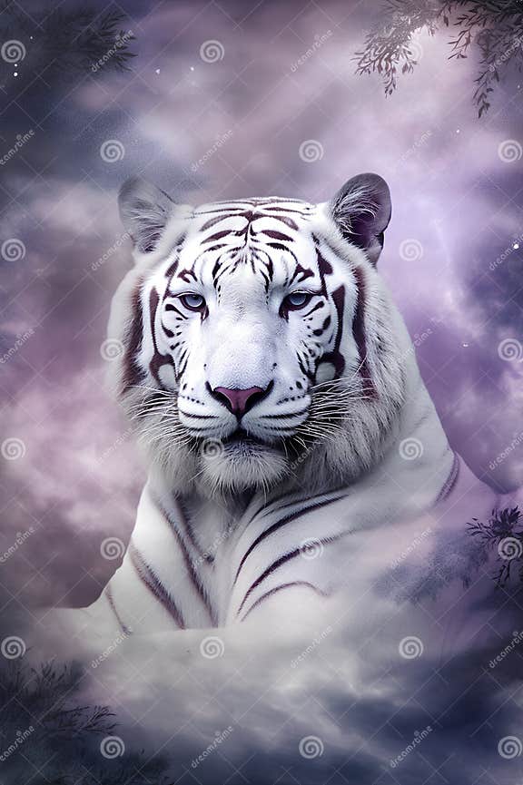 White Tiger in the Sky with Clouds and Stars. 3d Rendering Stock ...