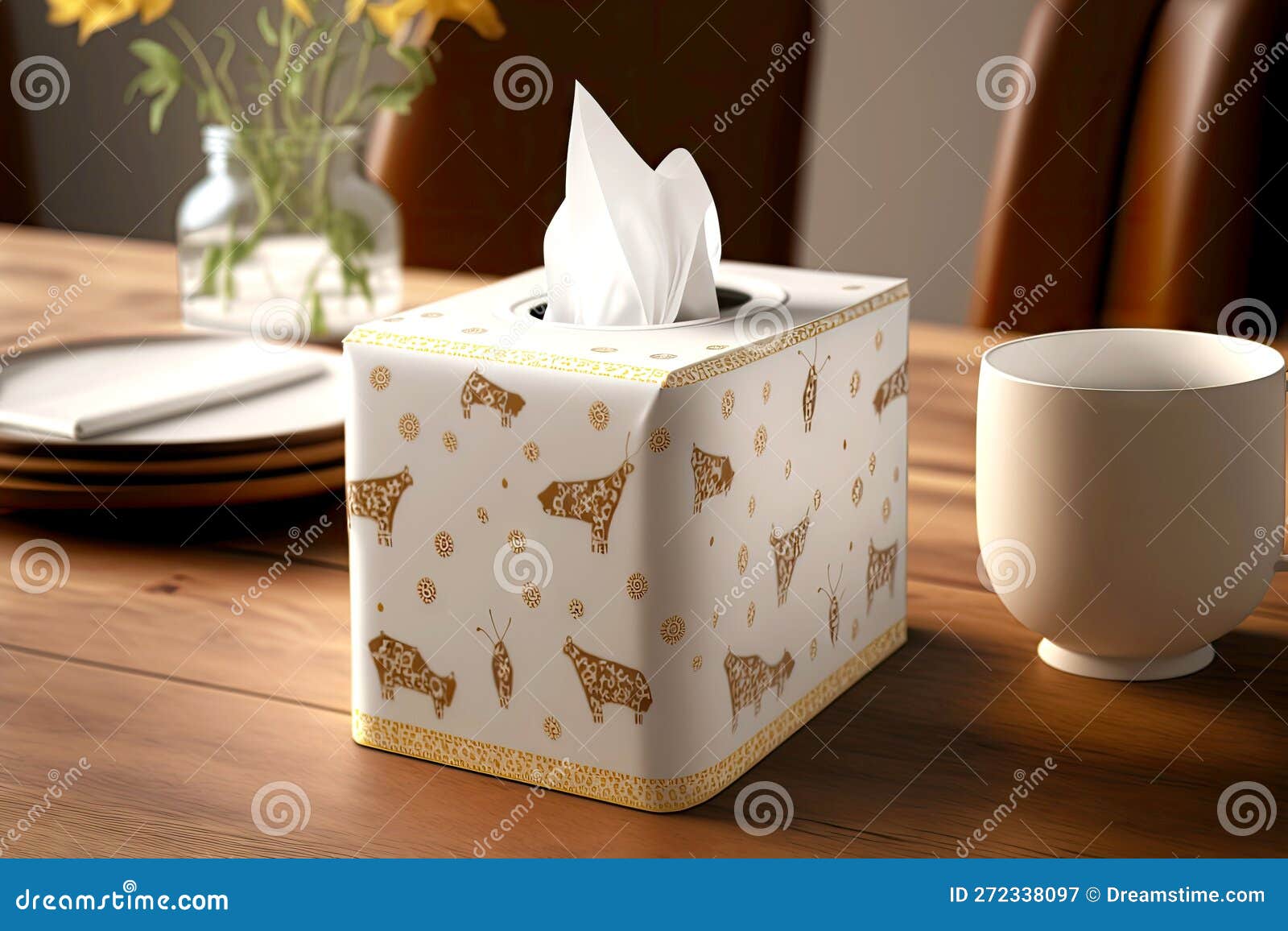 White Tissue Box with Patterned Sheet on Wooden Table with Plate, Slit ...