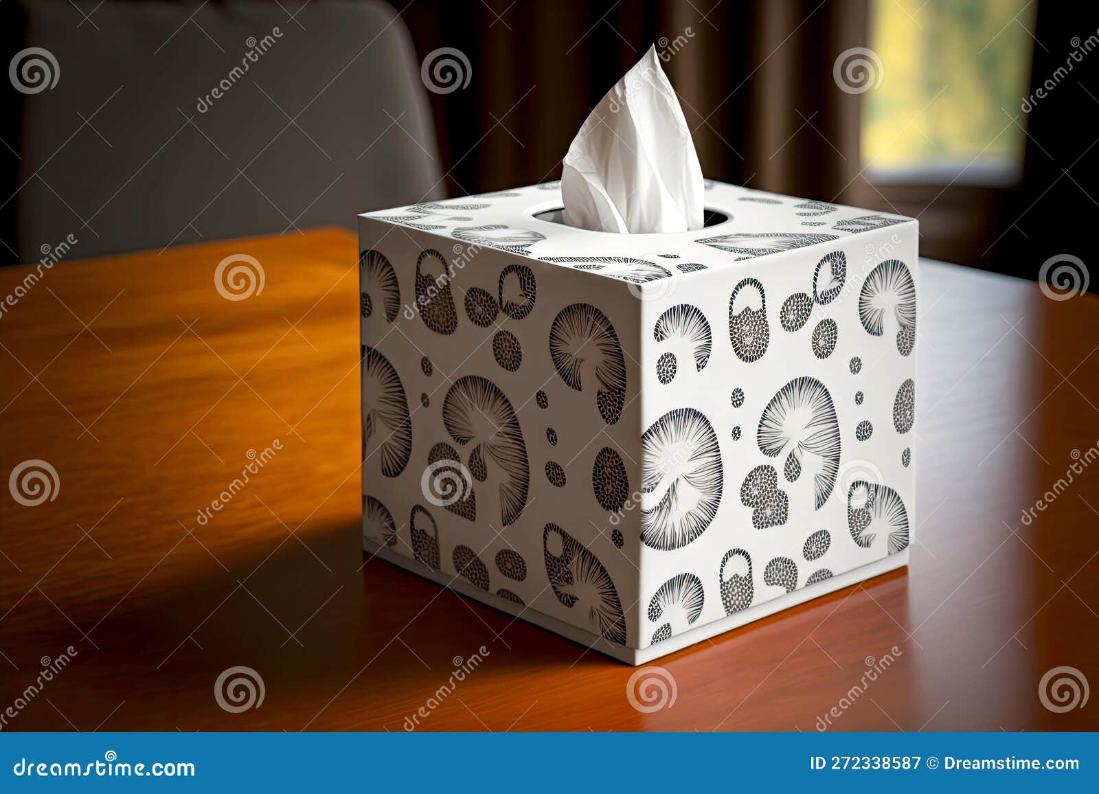 White Tissue Box with Patterned Sheet on Wooden Table Stock ...