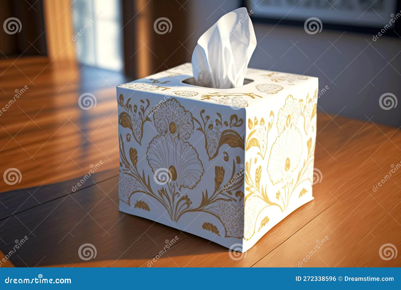 White Tissue Box with Patterned Sheet on Wooden Table Stock ...