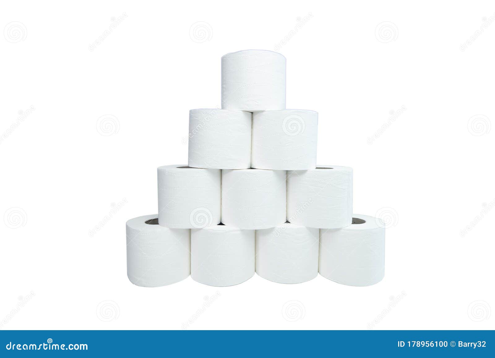 White Toilet Paper Or Toilet Roll Stacked In Pyramid Side View Straight On Isolated Stock