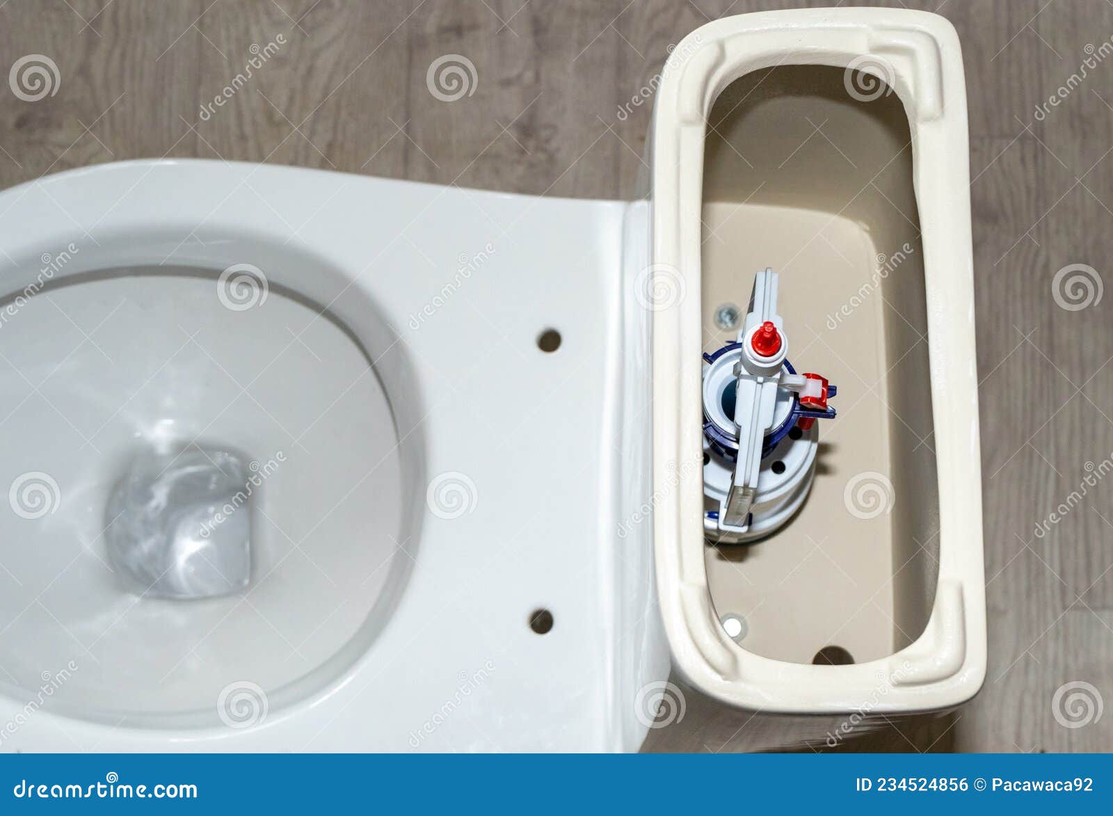 White Toilet Tank with an Open Lid and Flush System. Plastic Toilet ...