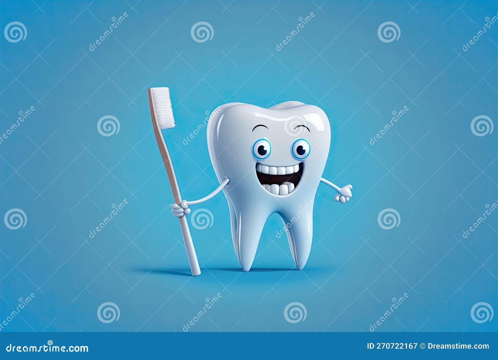 White Tooth Cartoon Character with a Toothbrush on Blue Background ...