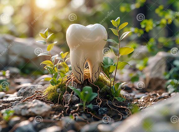 White Tooth is Growing on Green Grass and Tree in the Forest Stock ...
