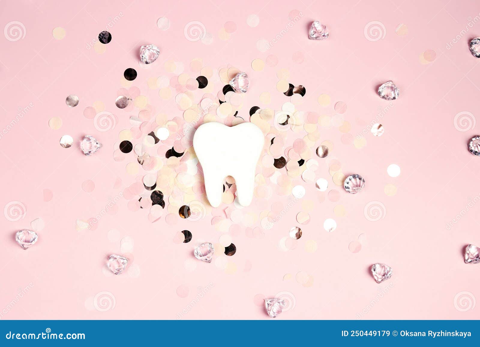 White Tooth on a Pink Background with Confetti and Crystals Stock Image ...