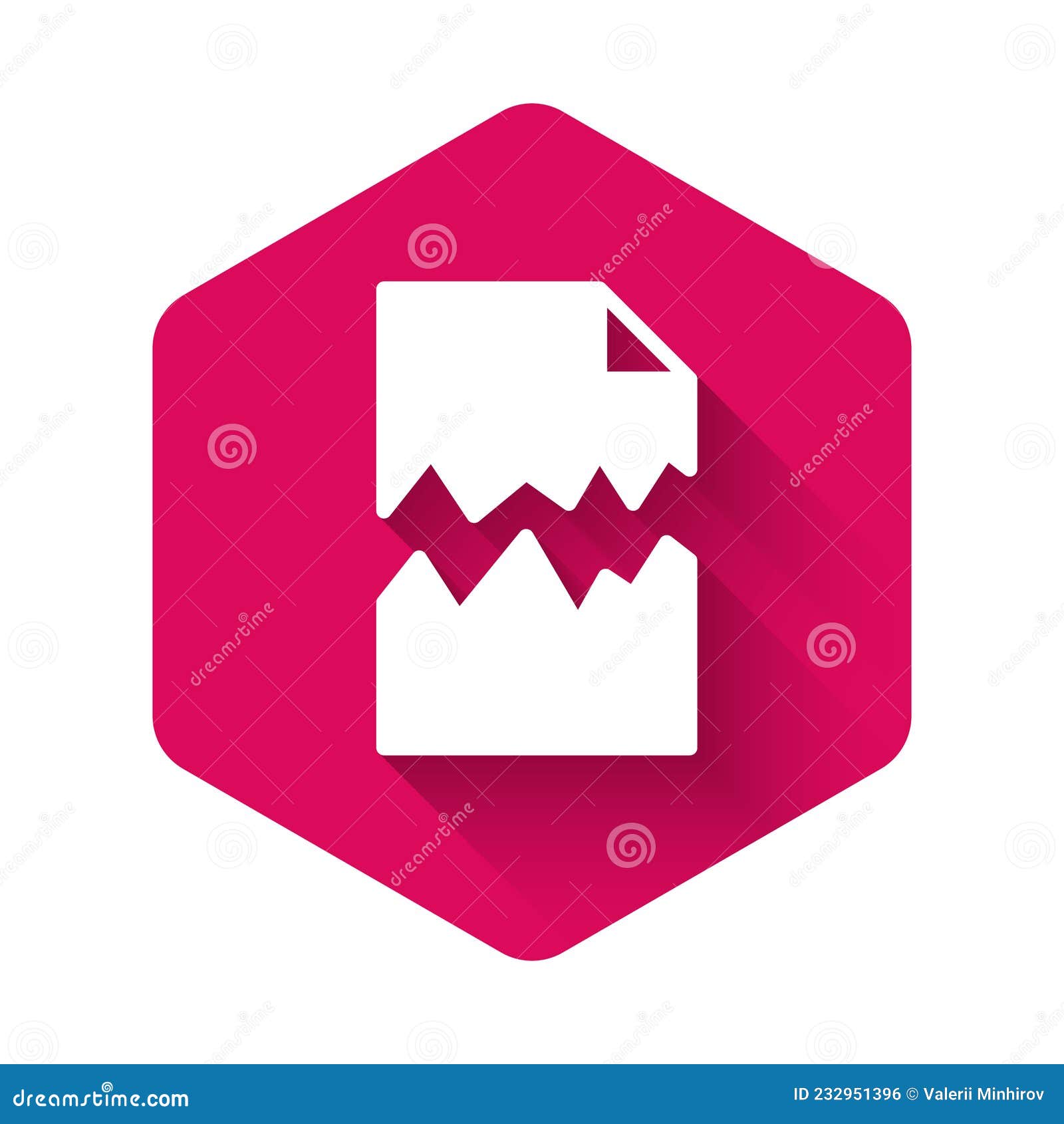 White Torn Document Icon Isolated with Long Shadow. Pink Hexagon Button ...