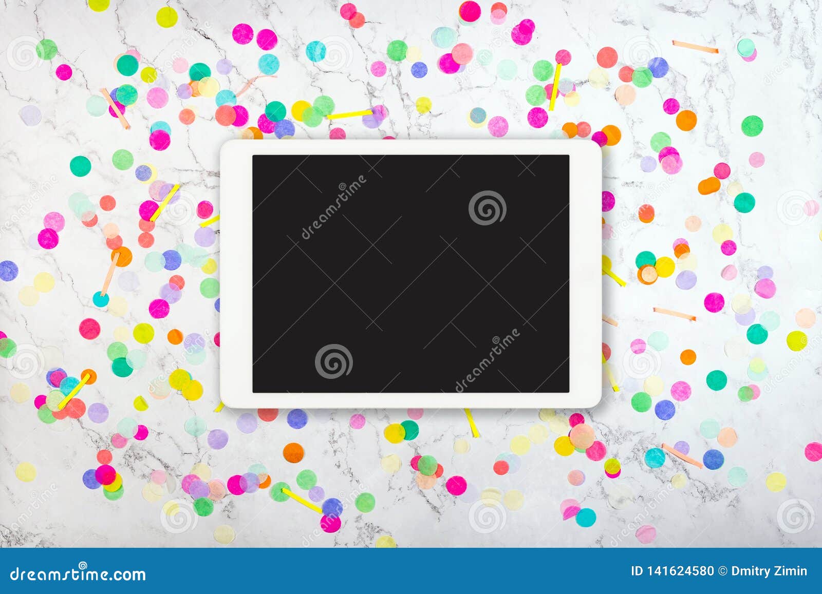 White Touchpad with Colorful Confetti on White Marble Texture. Colorful ...
