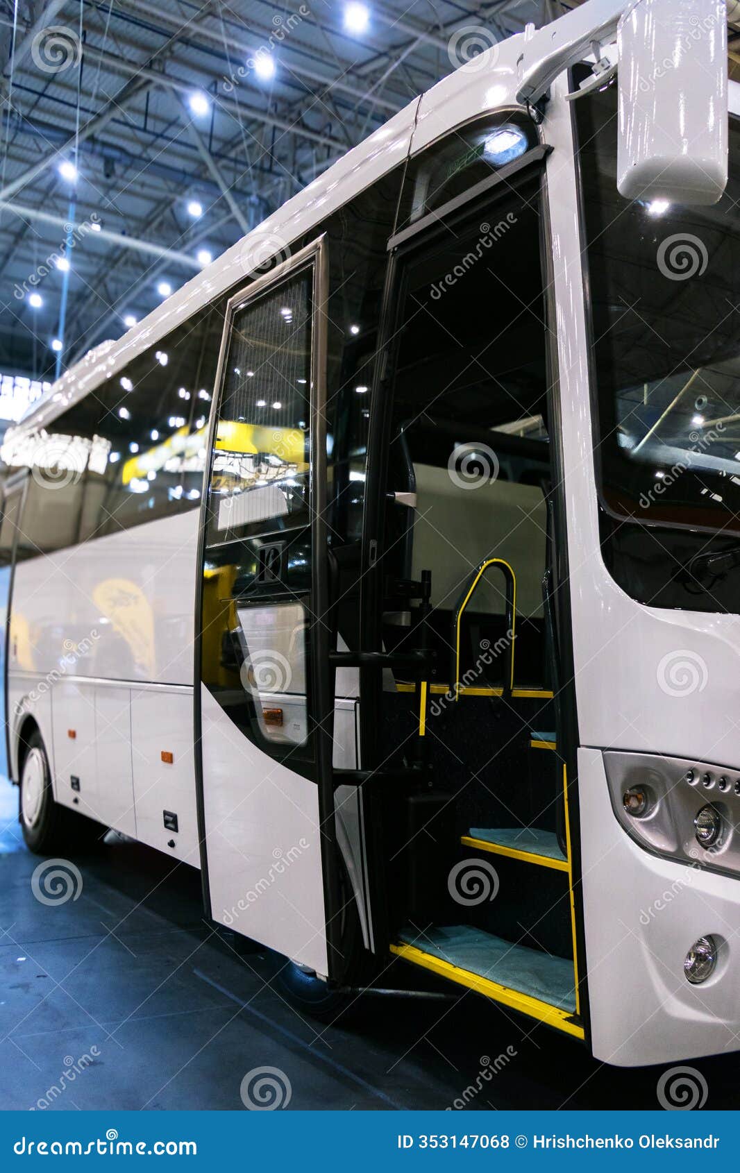A White Tourist Bus with Open Doors is Depicted. Steps with Yellow ...