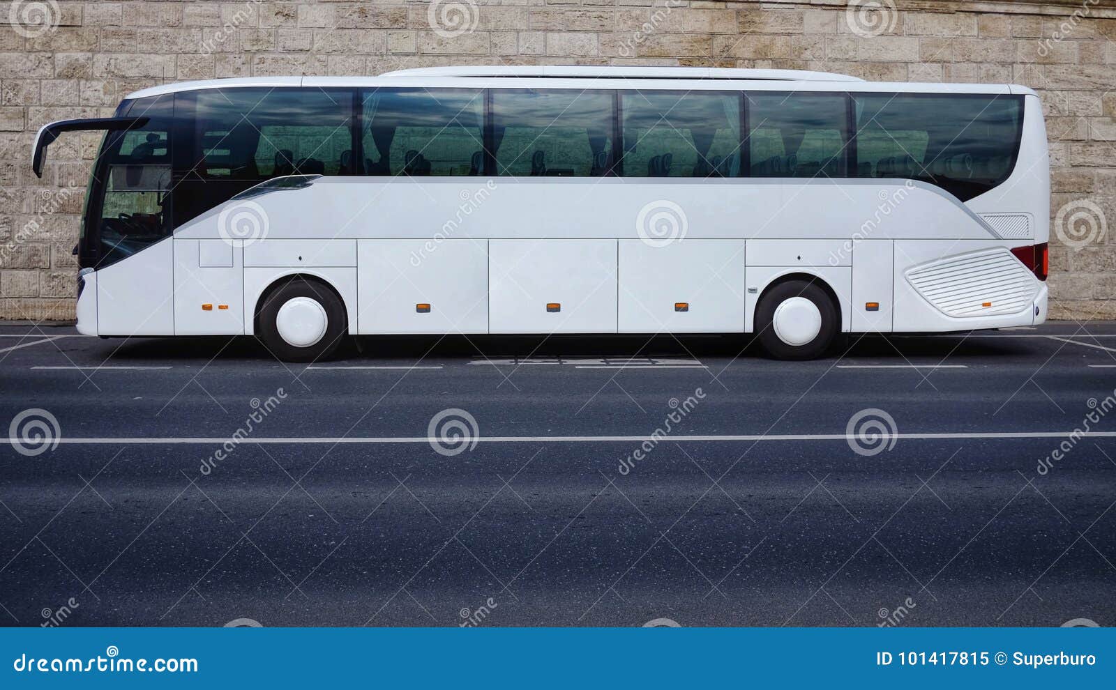 White Tourist Bus Parked on Empty Road Stock Image - Image of white ...