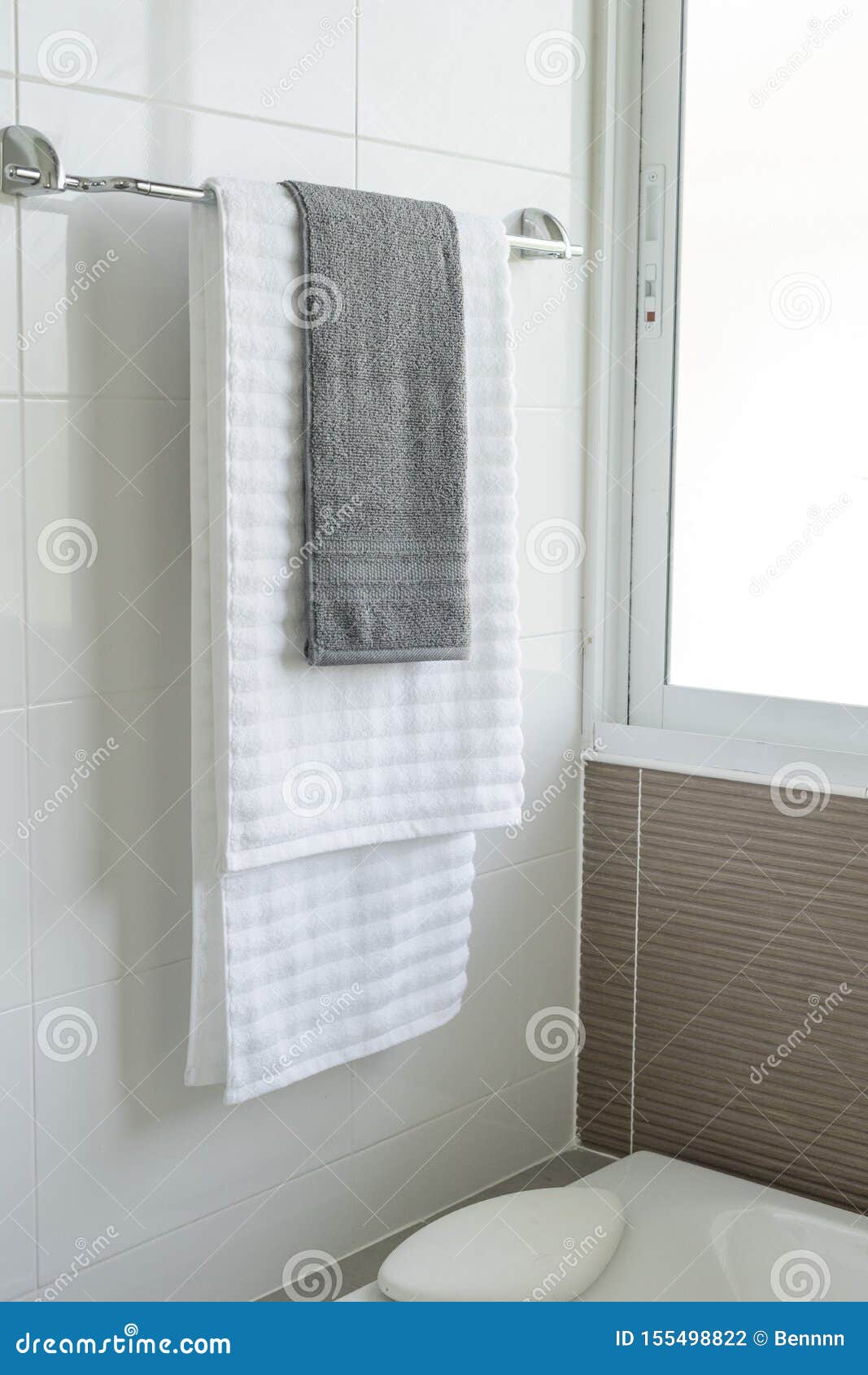 White Towels Hanging in the Bathroom Stock Photo - Image of hang, ready ...