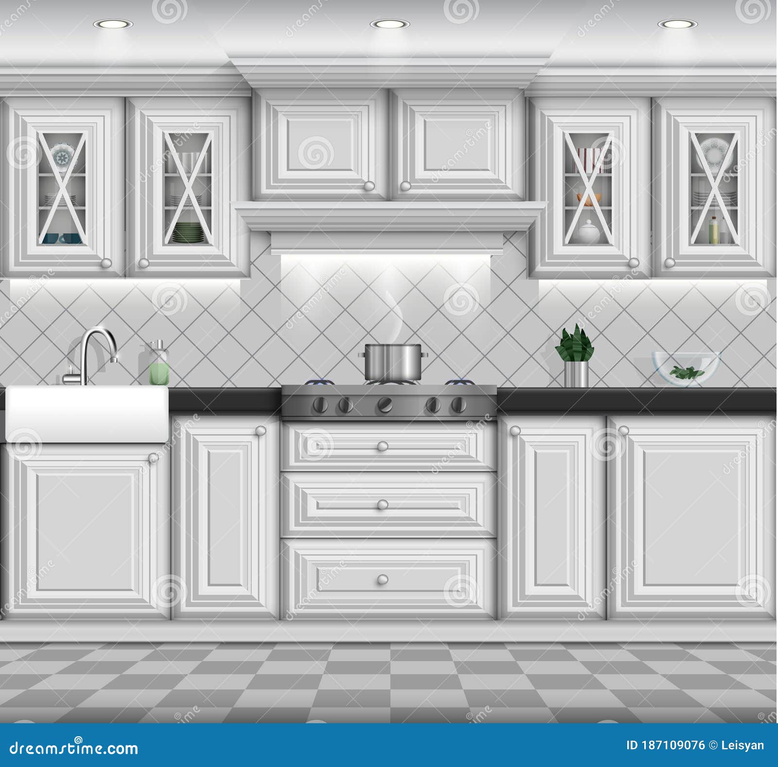 White Traditional Classic Kitchen Stock Vector - Illustration of ...