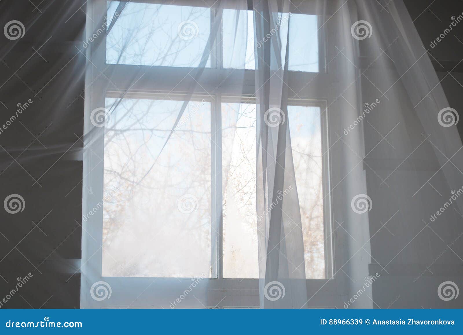 White Transparent Curtains on the Window with Spring Blue Sky Stock ...