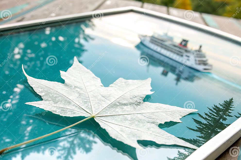 White Transparent Leaf with Reflection on Turquoise Mirror Surface ...