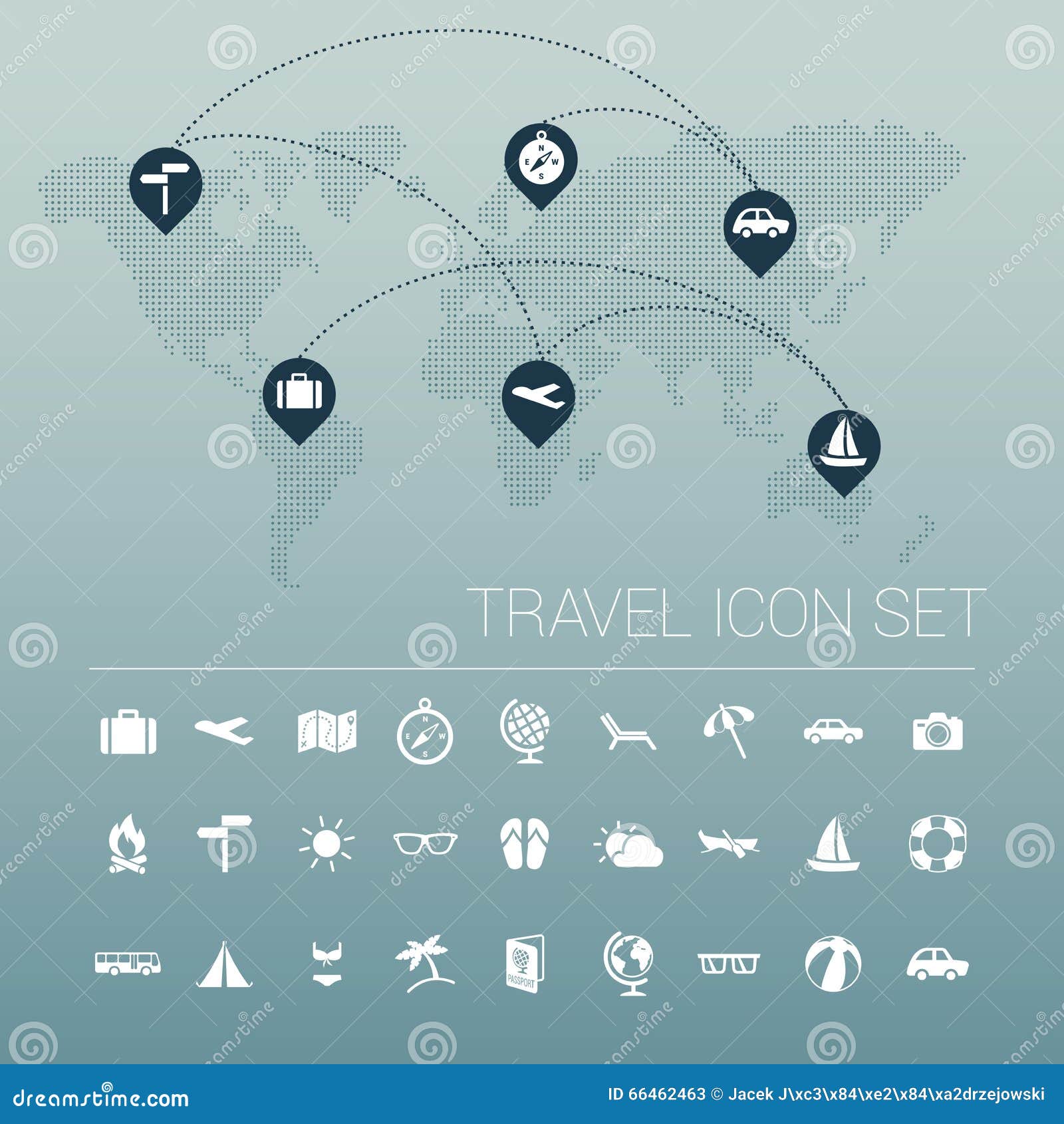 White Travel Icon Set and World Map Stock Vector - Illustration of ...