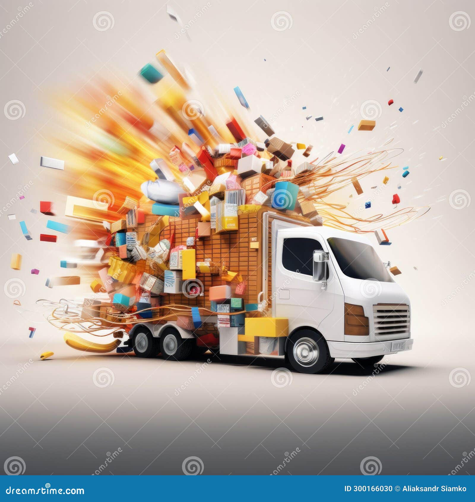 A White Truck with Boxes Exploding Out of it Stock Photo - Image of ...