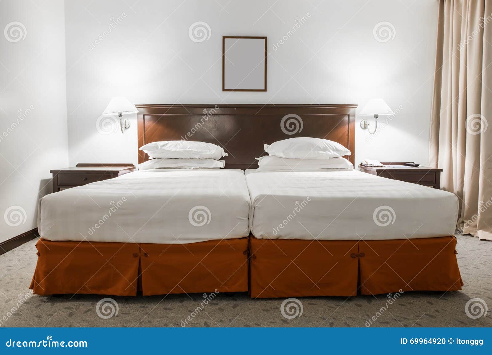 White Twin Bed with Picture Frame in Hotel Room Stock Photo - Image of ...
